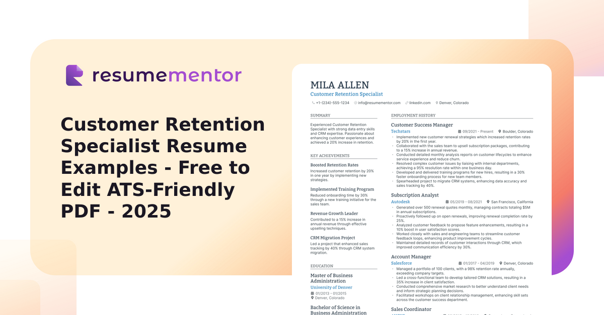 Customer Retention Specialist Resume Examples - Free to Edit ATS ...