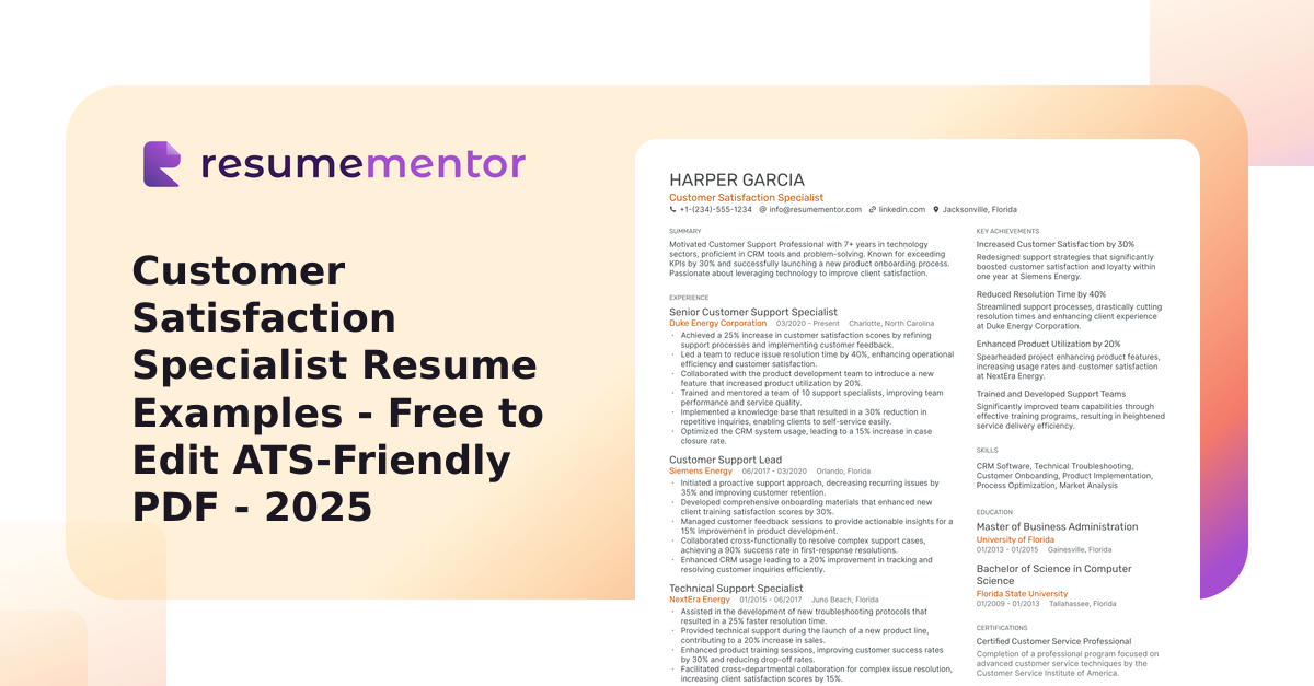 Customer Satisfaction Specialist Resume Examples - Free to Edit ATS ...