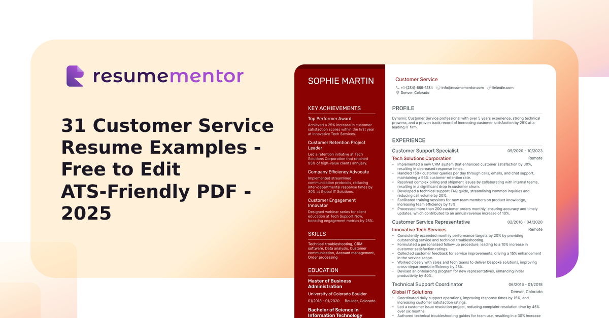 31 Customer Service Resume Examples - Free to Edit ATS-Friendly PDF - 2025