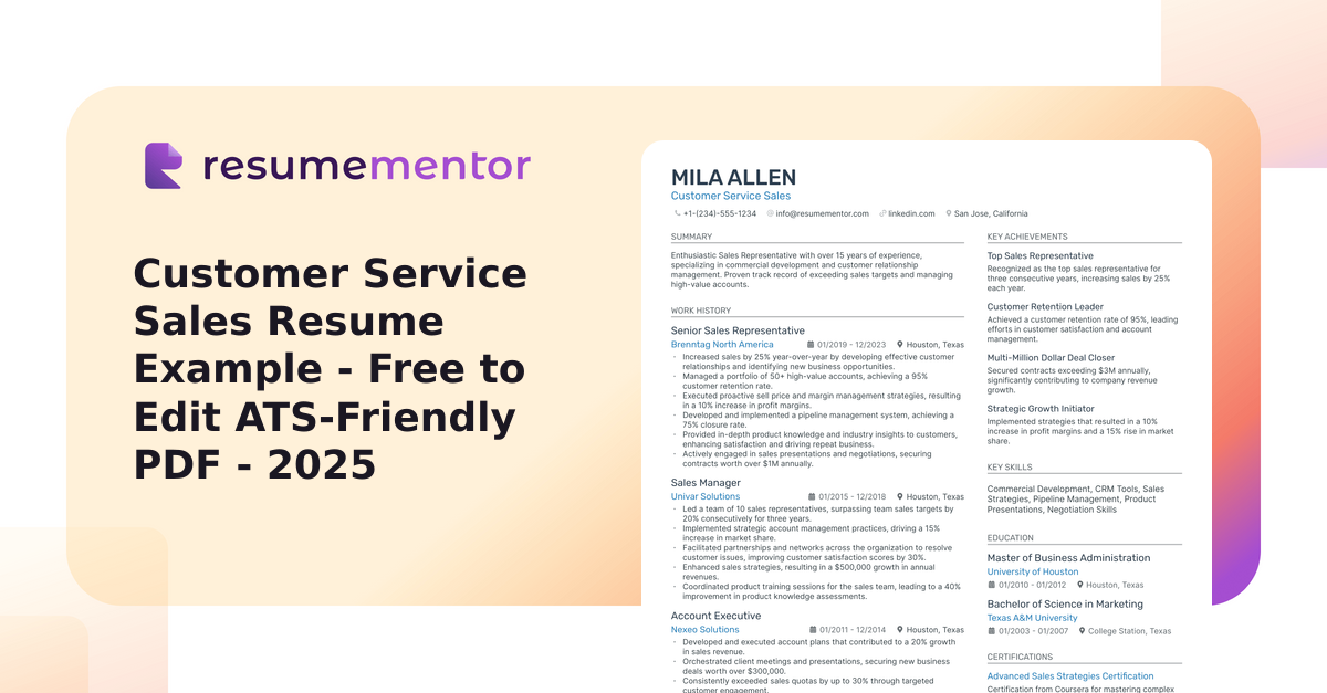 Customer Service Sales Resume Example - Free to Edit ATS-Friendly PDF ...