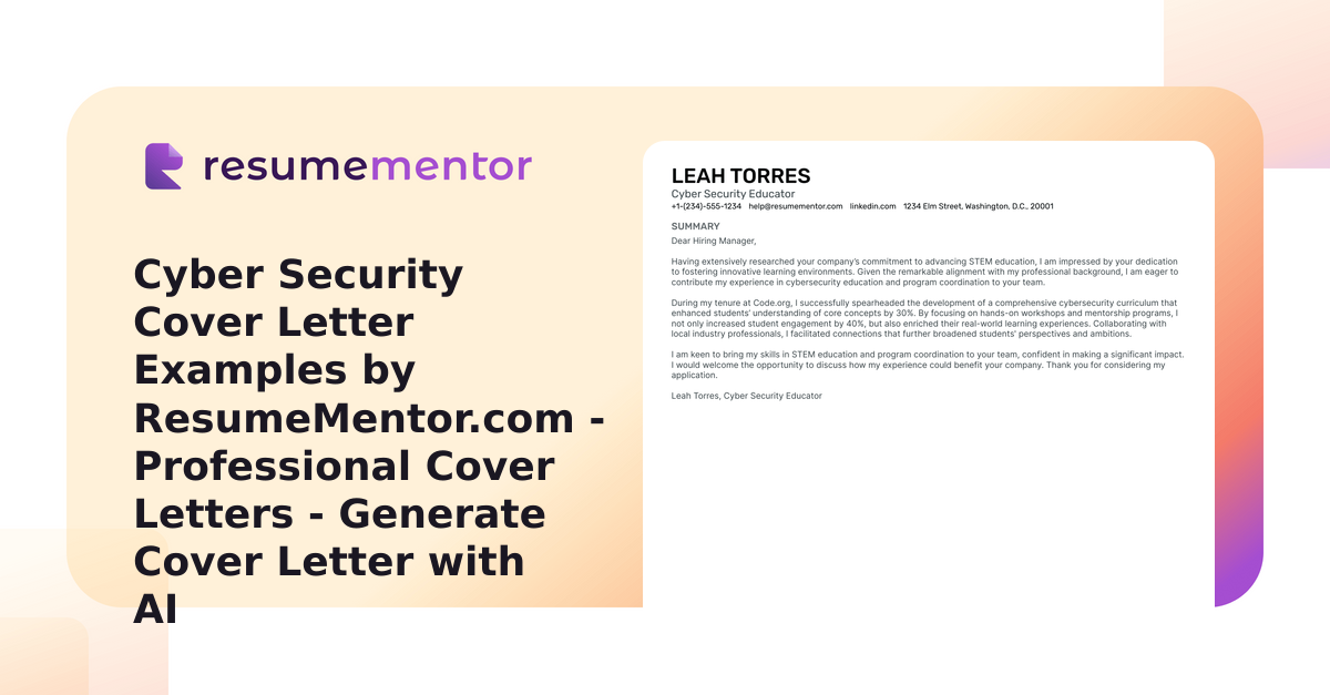 Cyber Security Cover Letter Examples by ResumeMentor.com - Professional ...