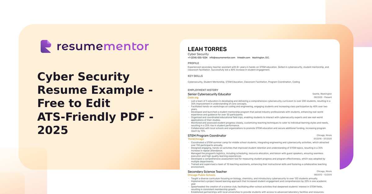 Cyber Security Resume Example - Free to Edit ATS-Friendly PDF - 2025