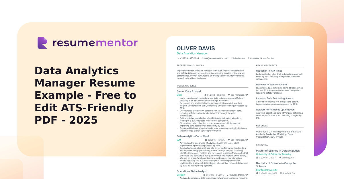 Data Analytics Manager Resume Example - Free to Edit ATS-Friendly PDF ...