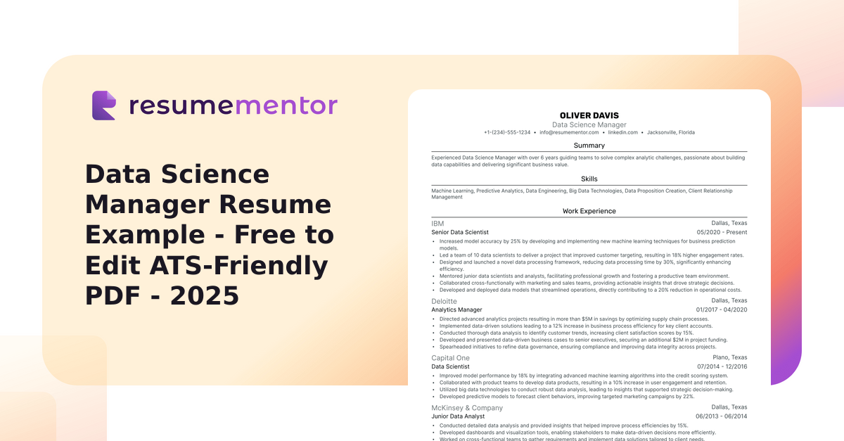 Data Science Manager Resume Example - Free to Edit ATS-Friendly PDF - 2025