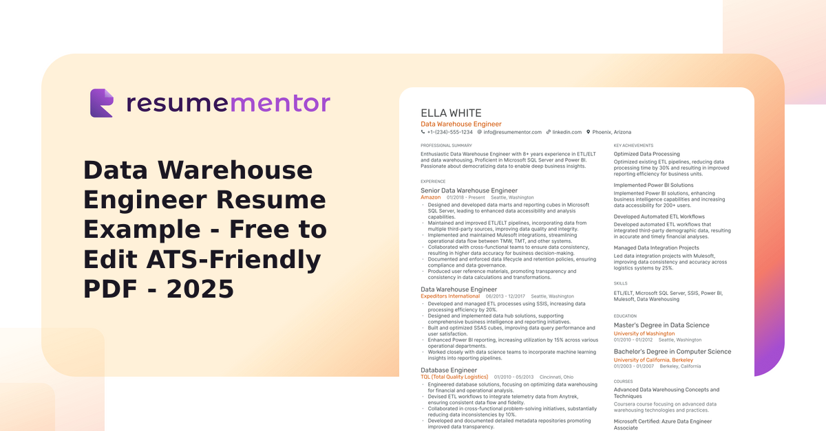 Data Warehouse Engineer Resume Example - Free to Edit ATS-Friendly PDF ...