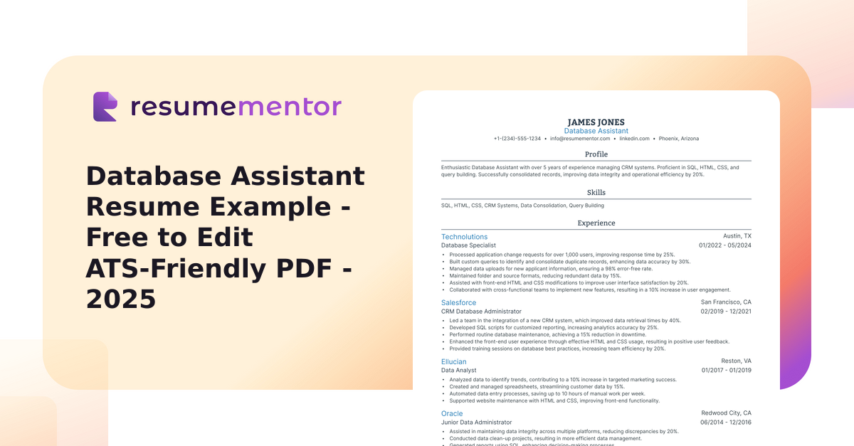 Database Assistant Resume Example - Free to Edit ATS-Friendly PDF - 2025