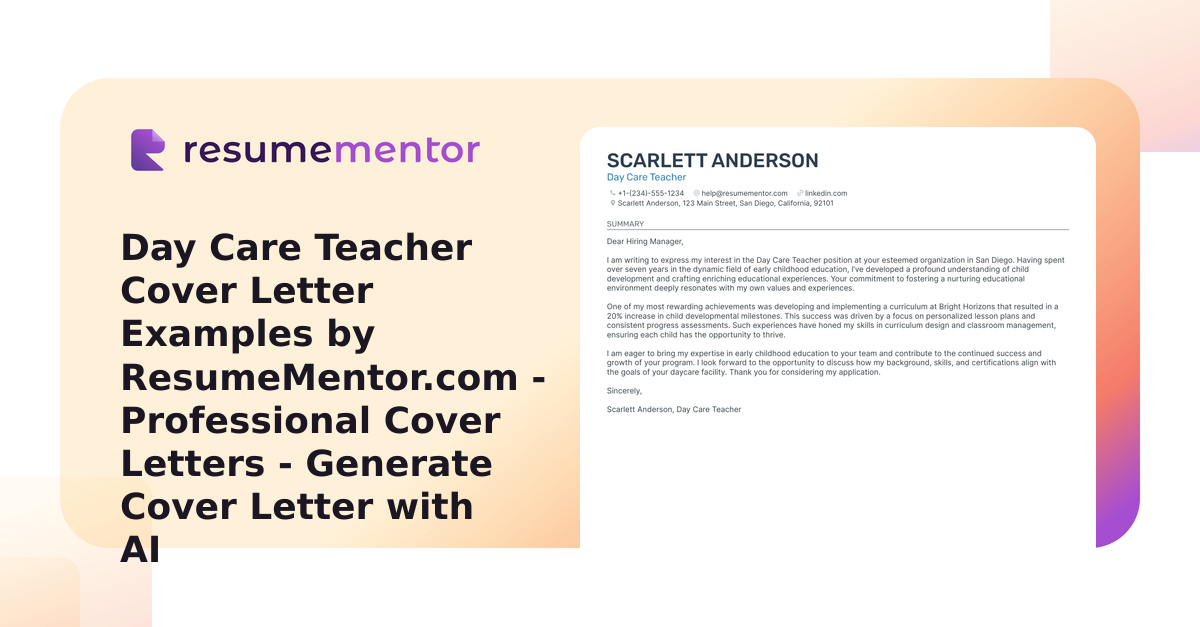 Day Care Teacher Cover Letter Examples by ResumeMentor.com ...