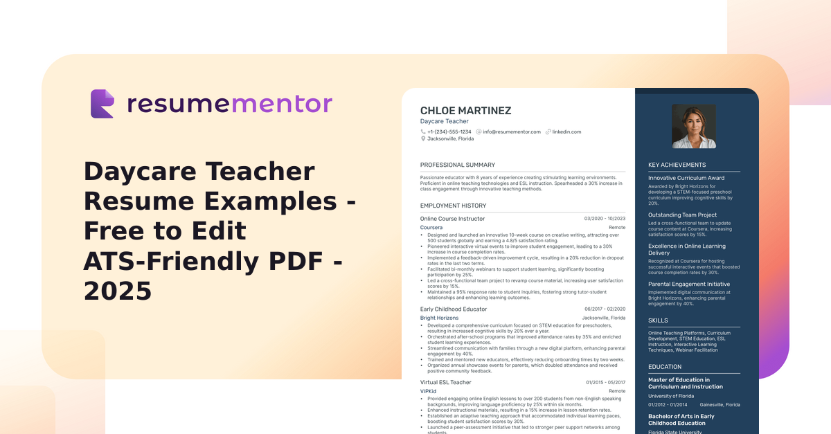 Daycare Teacher Resume Examples - Free to Edit ATS-Friendly PDF - 2025