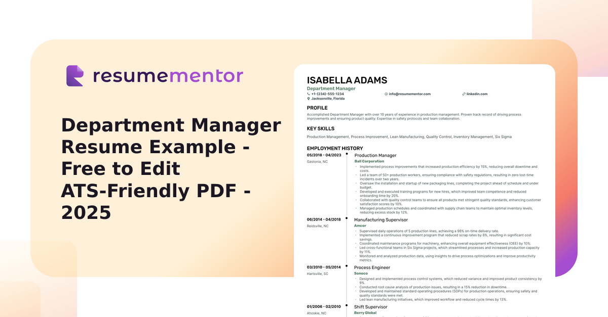 Department Manager Resume Example - Free to Edit ATS-Friendly PDF - 2025