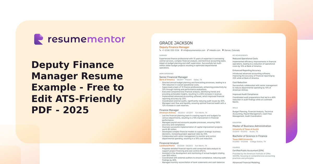 Deputy Finance Manager Resume Example - Free to Edit ATS-Friendly PDF ...