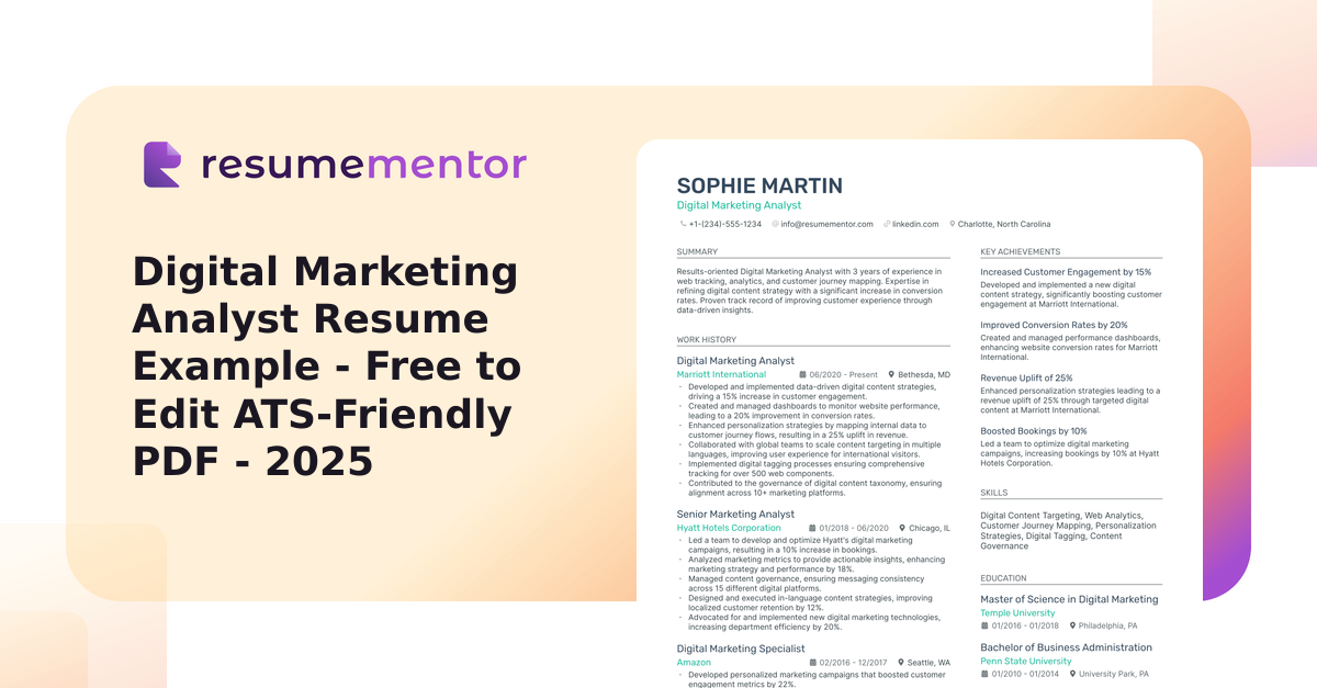 Digital Marketing Analyst Resume Example - Free to Edit ATS-Friendly ...