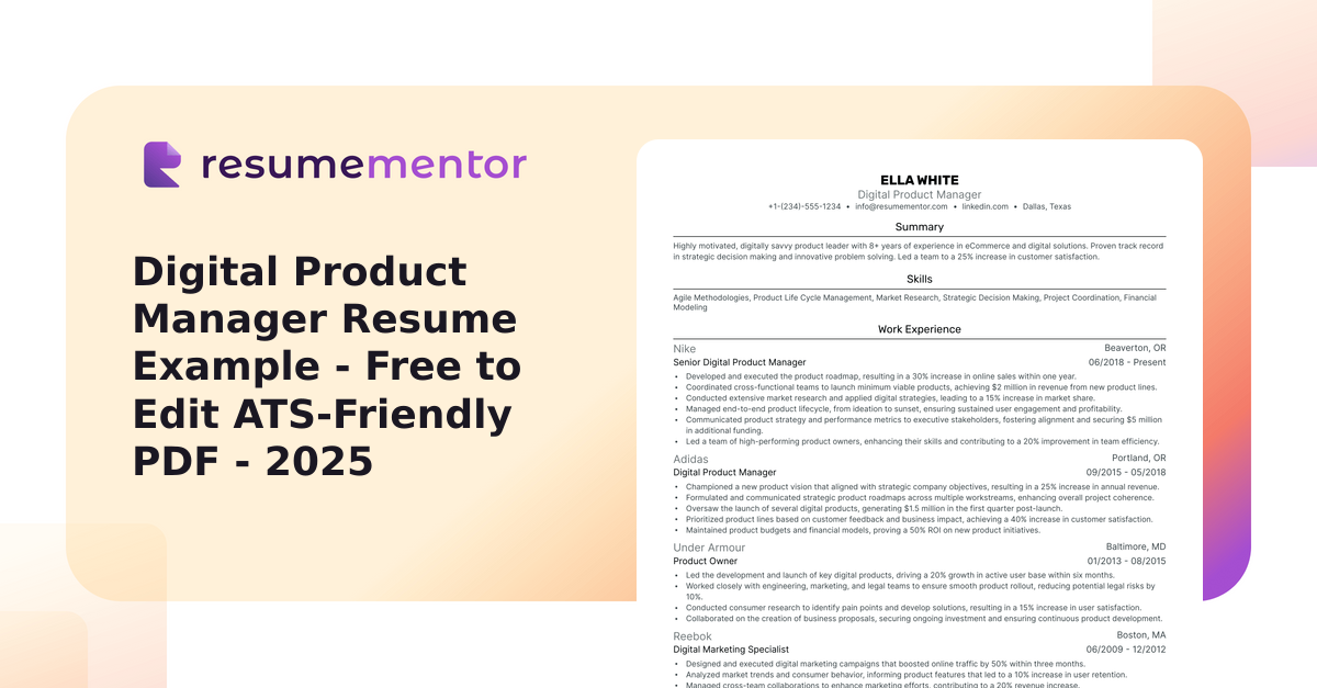 Digital Product Manager Resume Example - Free to Edit ATS-Friendly PDF ...