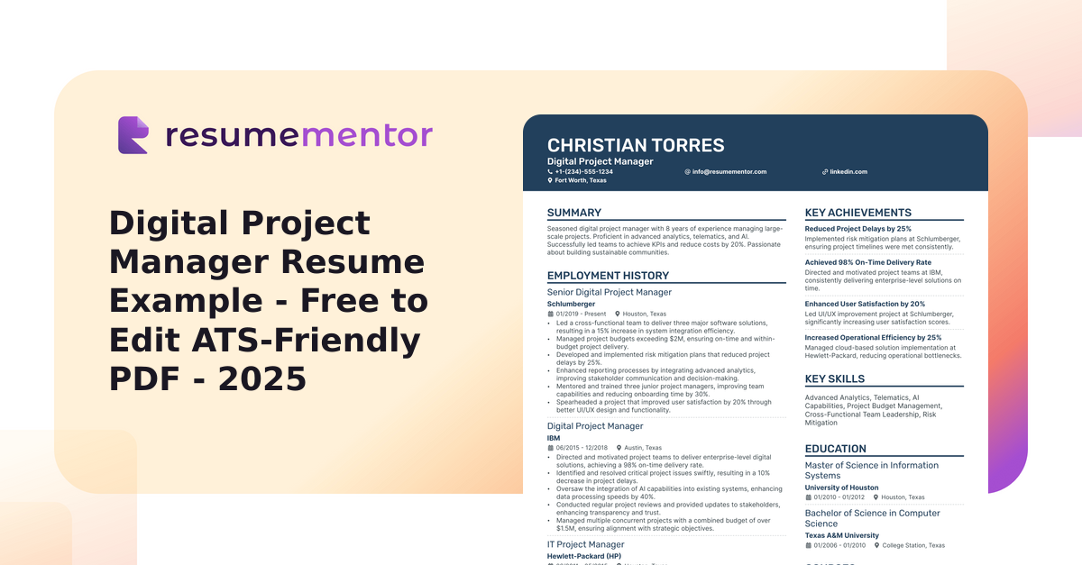 Digital Project Manager Resume Example - Free to Edit ATS-Friendly PDF ...