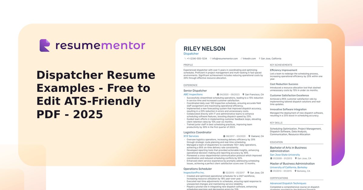 Dispatcher Resume Examples - Free to Edit ATS-Friendly PDF - 2025
