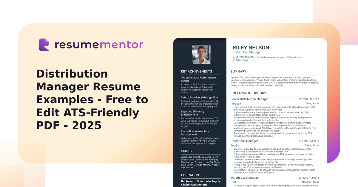 Distribution Manager Resume Examples - Free to Edit ATS-Friendly PDF - 2025