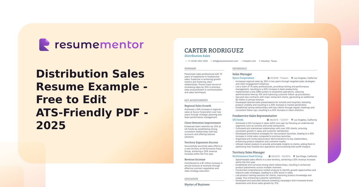Distribution Sales Resume Example - Free to Edit ATS-Friendly PDF - 2025