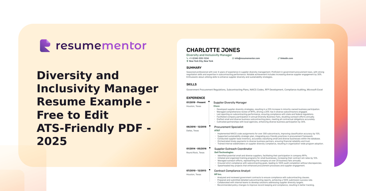 Diversity and Inclusivity Manager Resume Example - Free to Edit ATS ...