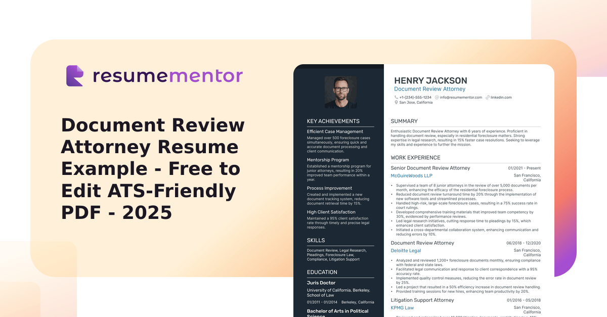Document Review Attorney Resume Example - Free to Edit ATS-Friendly PDF ...