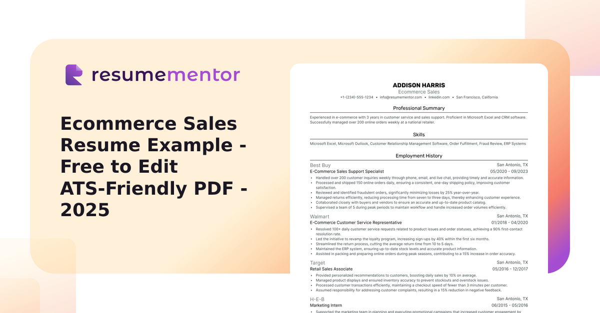 Ecommerce Sales Resume Example - Free to Edit ATS-Friendly PDF - 2025