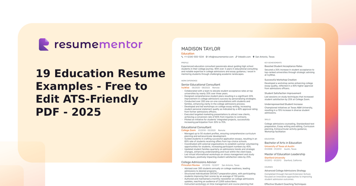 19 Education Resume Examples - Free to Edit ATS-Friendly PDF - 2025