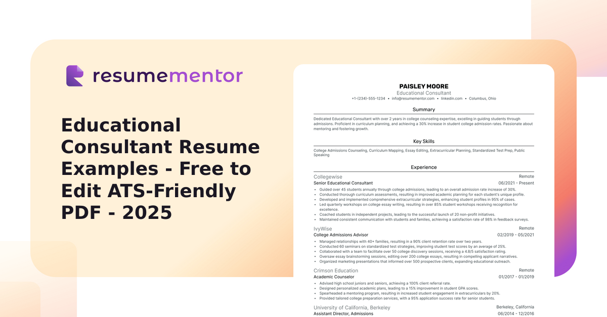 Educational Consultant Resume Examples - Free to Edit ATS-Friendly PDF ...