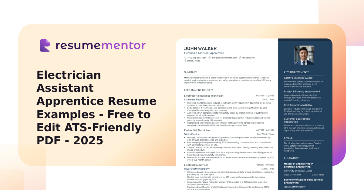 Electrician Assistant Apprentice Resume Examples - Free to Edit ATS ...