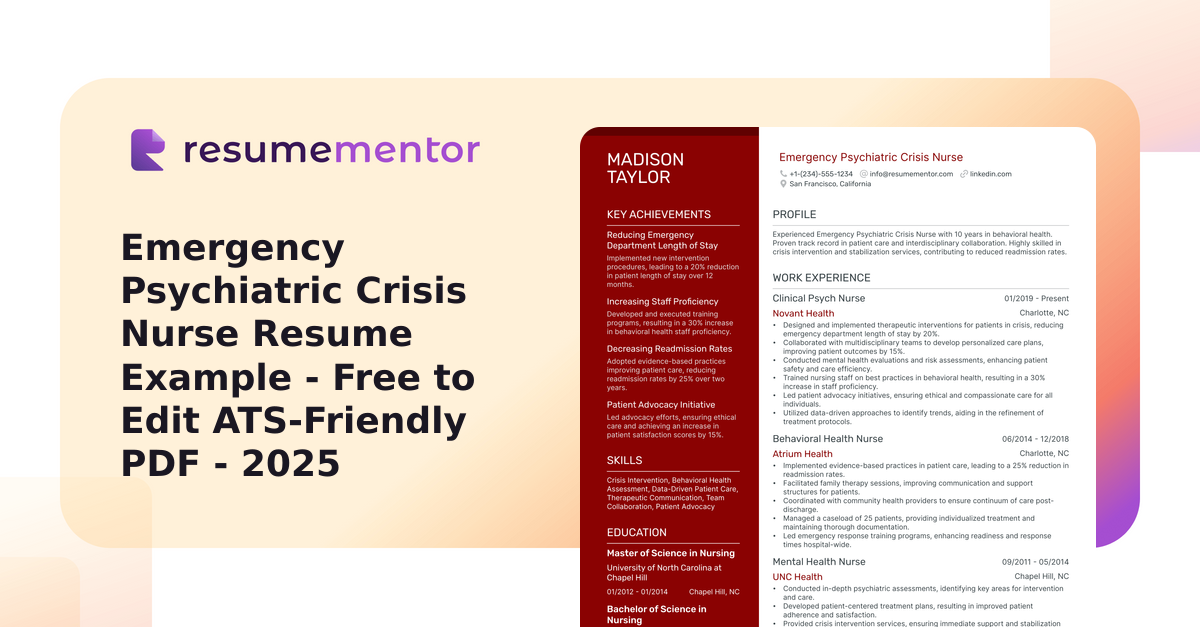 Emergency Psychiatric Crisis Nurse Resume Example - Free to Edit ATS ...