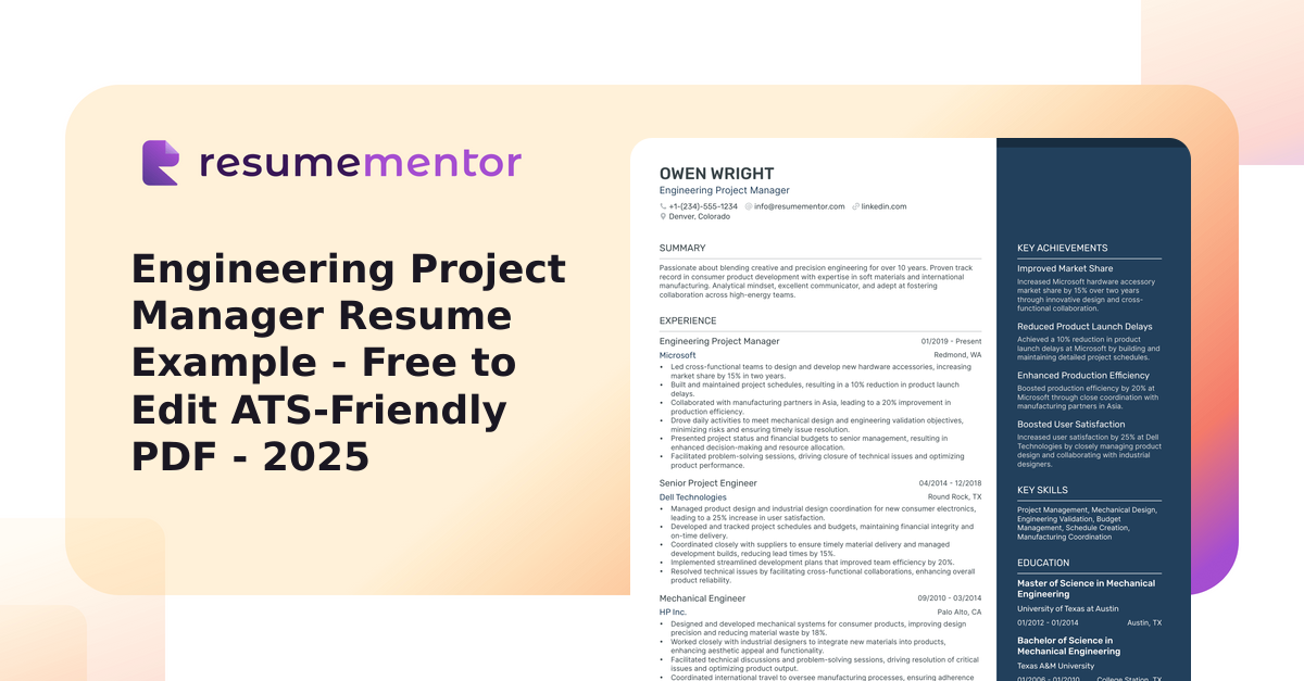 Engineering Project Manager Resume Example - Free to Edit ATS-Friendly ...