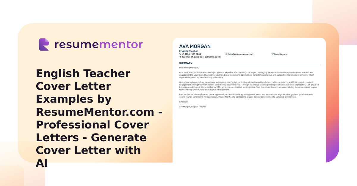 English Teacher Cover Letter Examples by ResumeMentor.com - Professional Cover Letters ...
