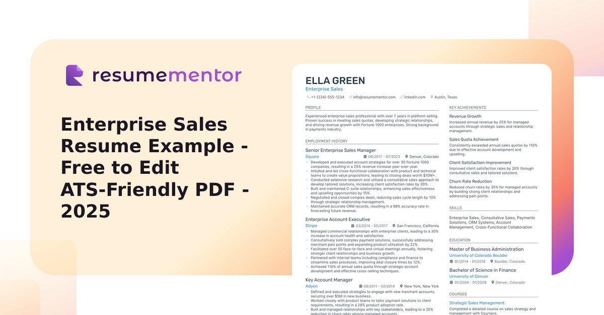 Enterprise Sales Resume Example - Free to Edit ATS-Friendly PDF - 2025