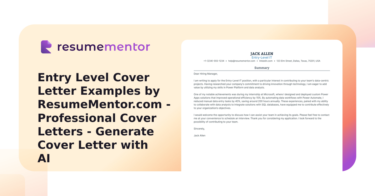 Entry Level Cover Letter Examples by ResumeMentor.com - Professional ...