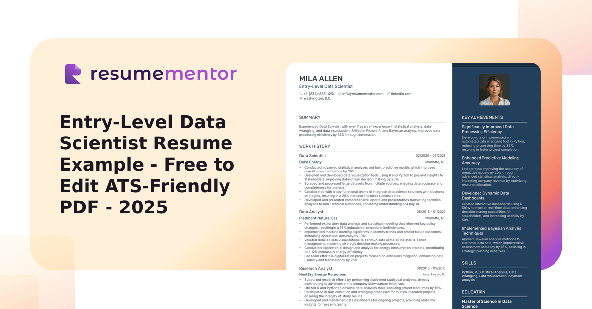 Entry-Level Data Scientist Resume Example - Free to Edit ATS-Friendly ...