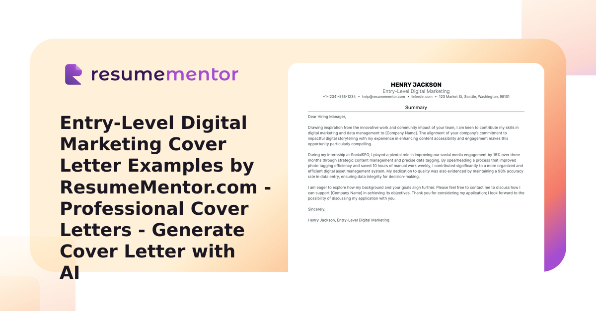 Entry-Level Digital Marketing Cover Letter Examples by ResumeMentor.com ...
