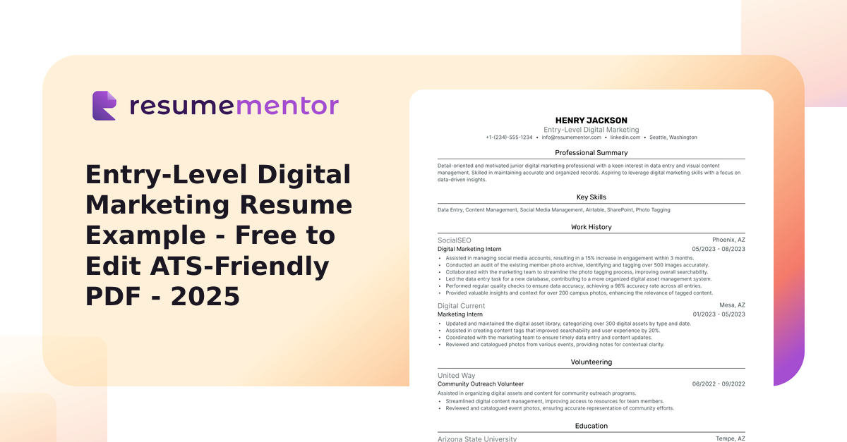 Entry-Level Digital Marketing Resume Example - Free to Edit ATS ...