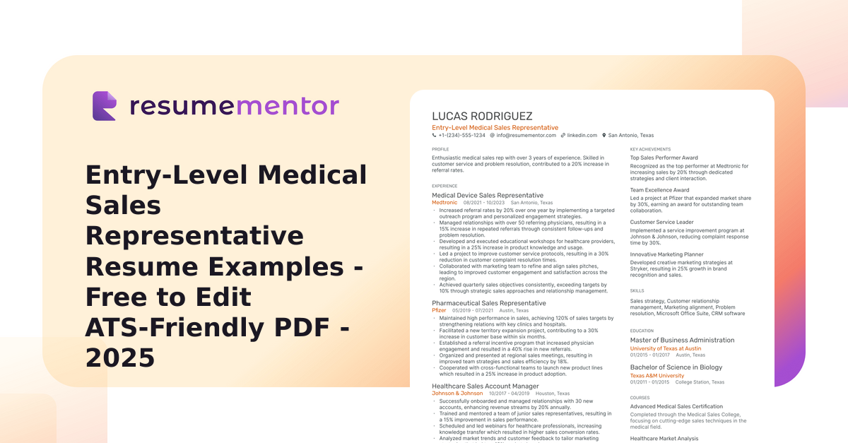 Entry-Level Medical Sales Representative Resume Examples - Free to Edit ...