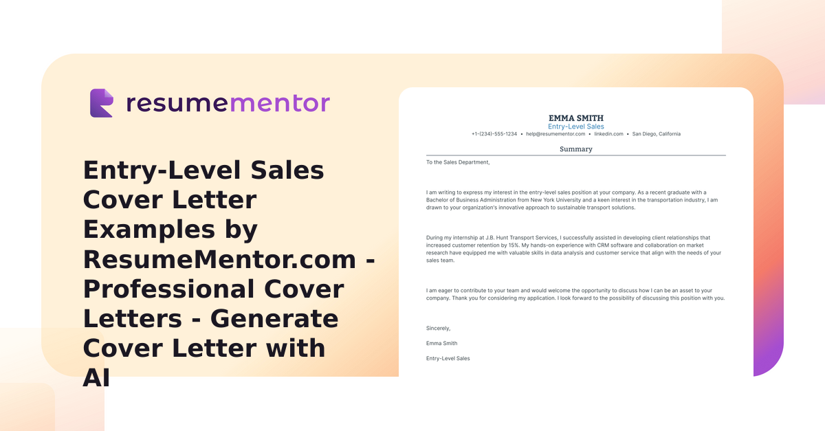 Entry-Level Sales Cover Letter Examples by ResumeMentor.com ...