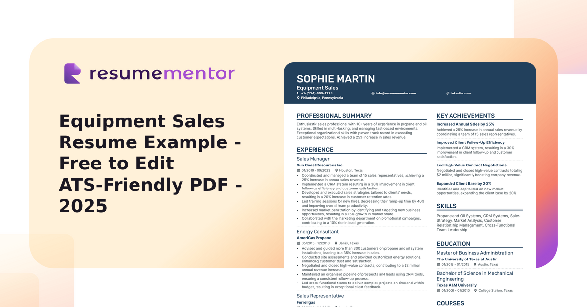 Equipment Sales Resume Example - Free to Edit ATS-Friendly PDF - 2025