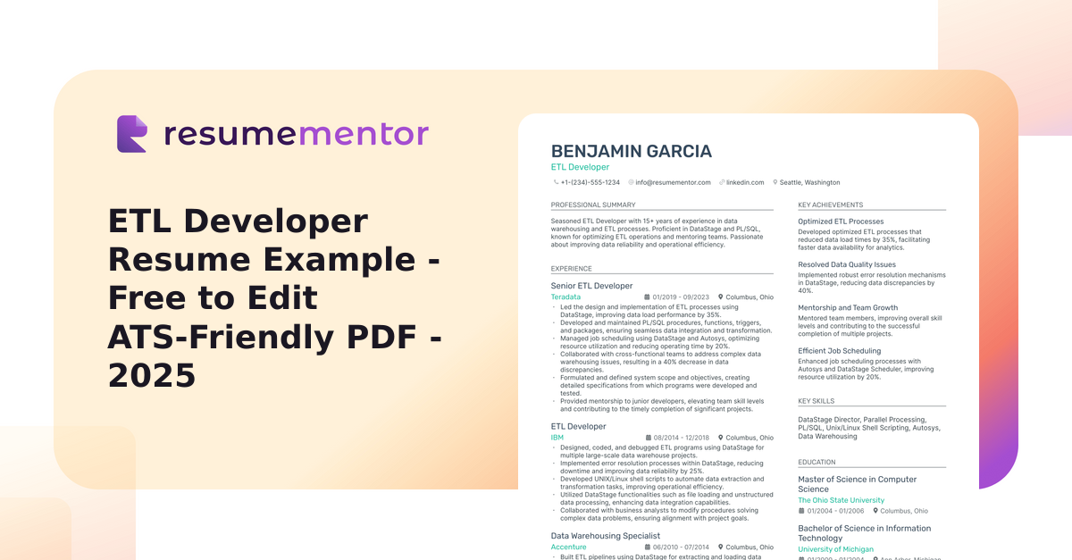 ETL Developer Resume Example - Free to Edit ATS-Friendly PDF - 2025