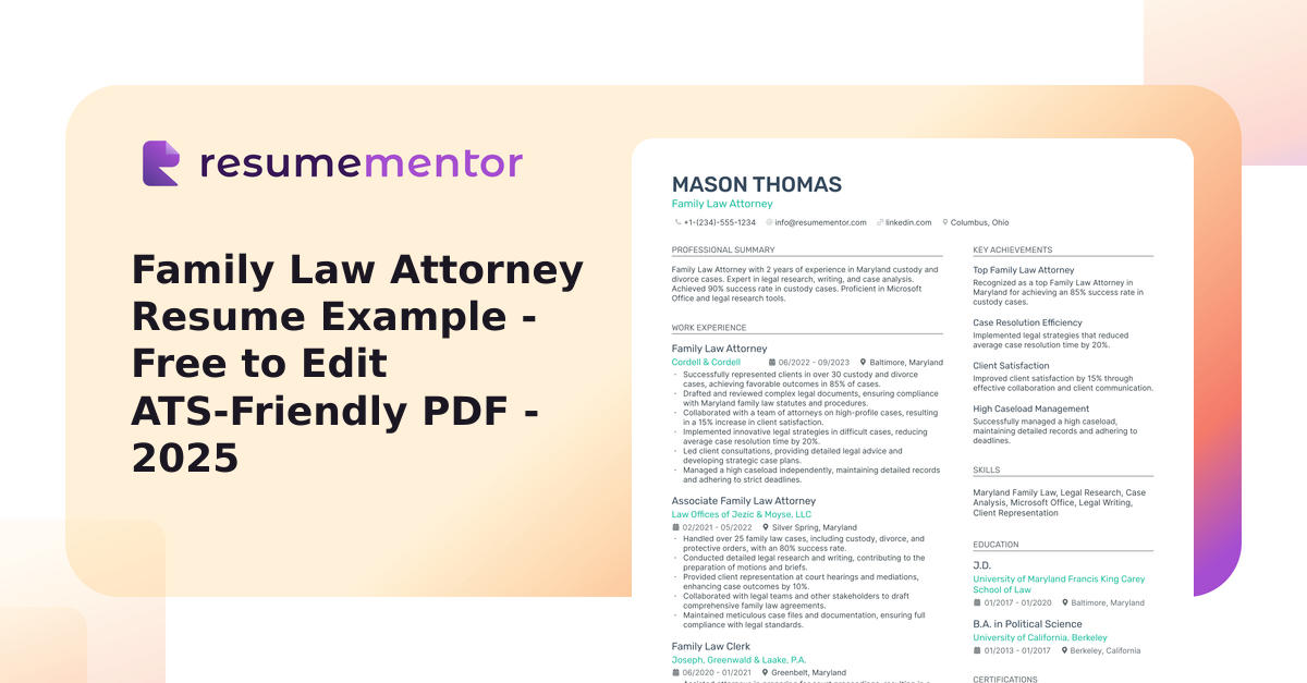 Family Law Attorney Resume Example - Free to Edit ATS-Friendly PDF - 2025