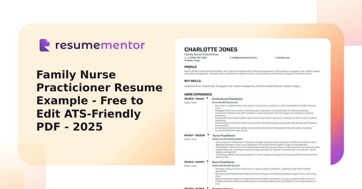 Family Nurse Practicioner Resume Example - Free to Edit ATS-Friendly ...