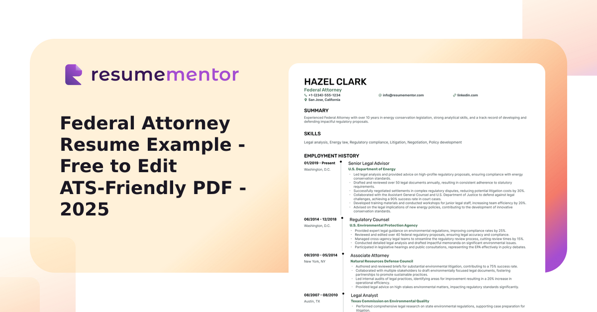 Federal Attorney Resume Example - Free to Edit ATS-Friendly PDF - 2025