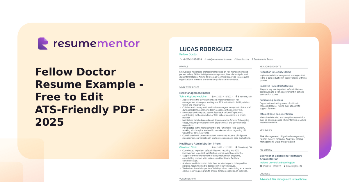 Fellow Doctor Resume Example - Free to Edit ATS-Friendly PDF - 2025