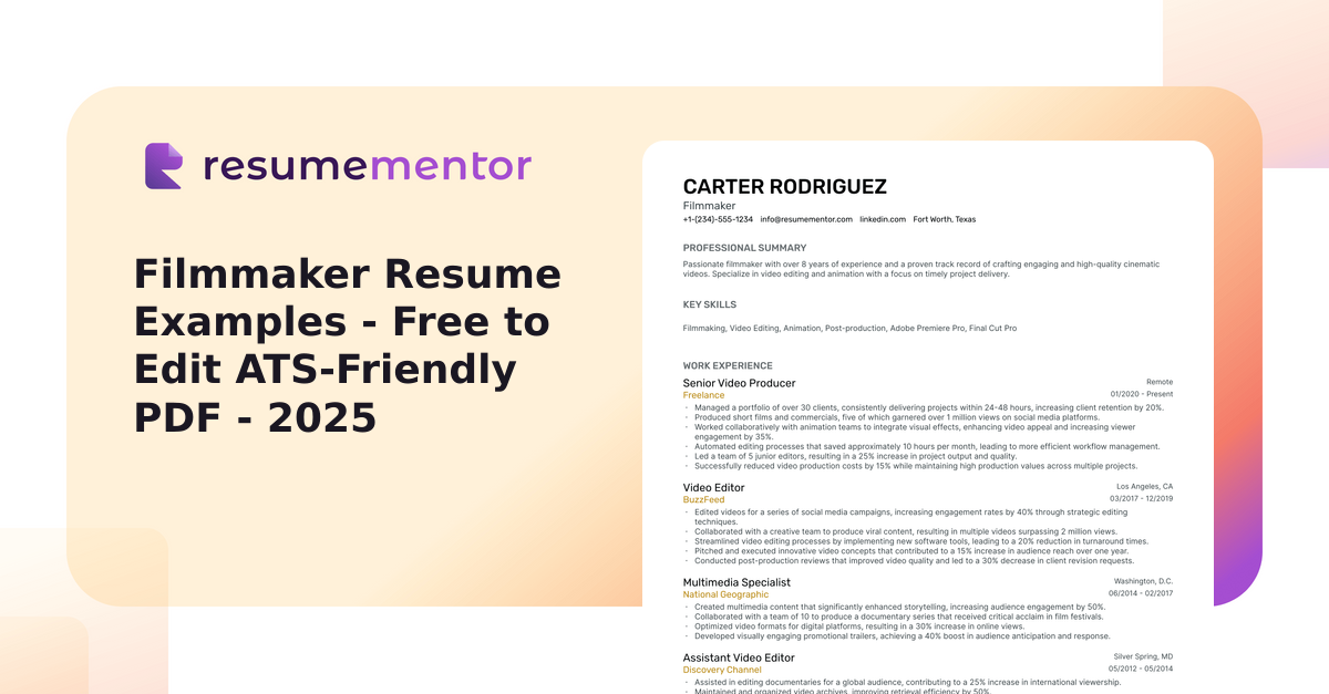 Filmmaker Resume Examples - Free to Edit ATS-Friendly PDF - 2025