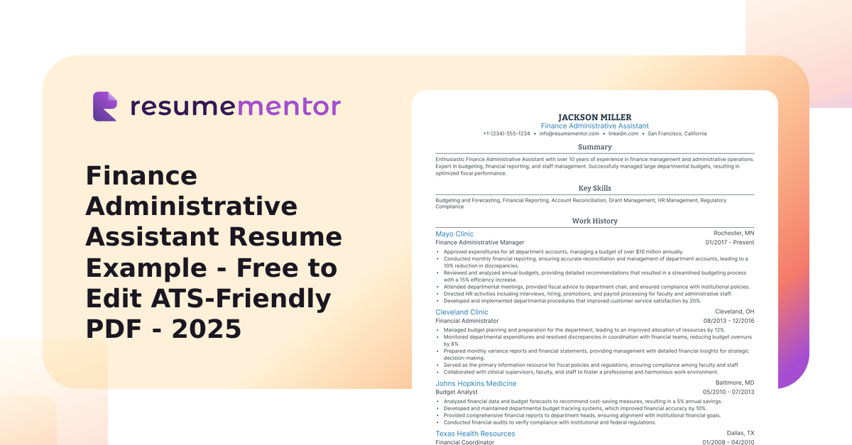 Finance Administrative Assistant Resume Example - Free to Edit ATS ...