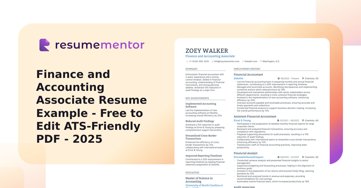 Finance and Accounting Associate Resume Example - Free to Edit ATS ...