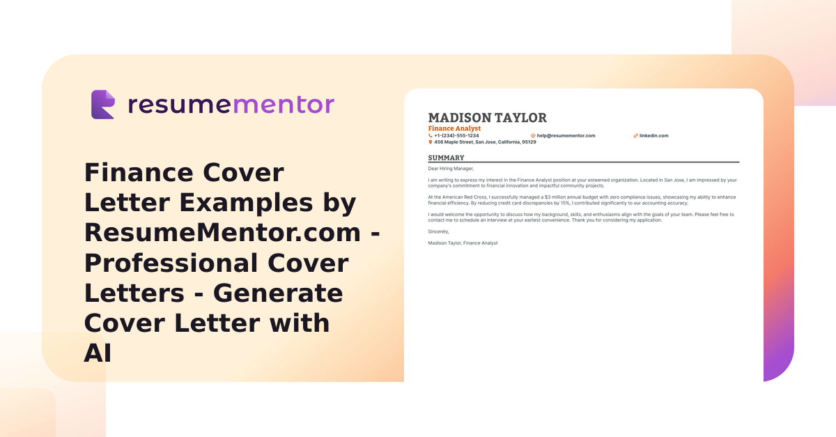 Finance Cover Letter Examples by ResumeMentor.com - Professional Cover ...