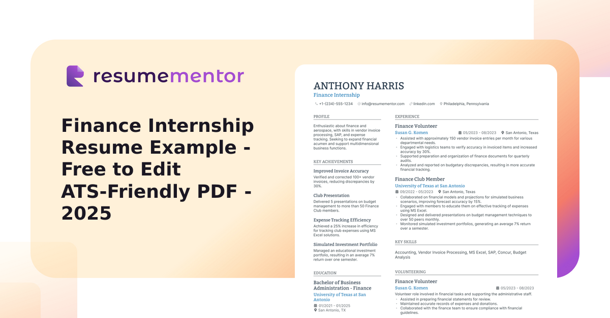Finance Internship Resume Example - Free to Edit ATS-Friendly PDF - 2025