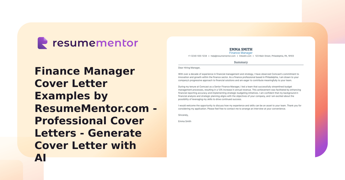 Finance Manager Cover Letter Examples by ResumeMentor.com ...