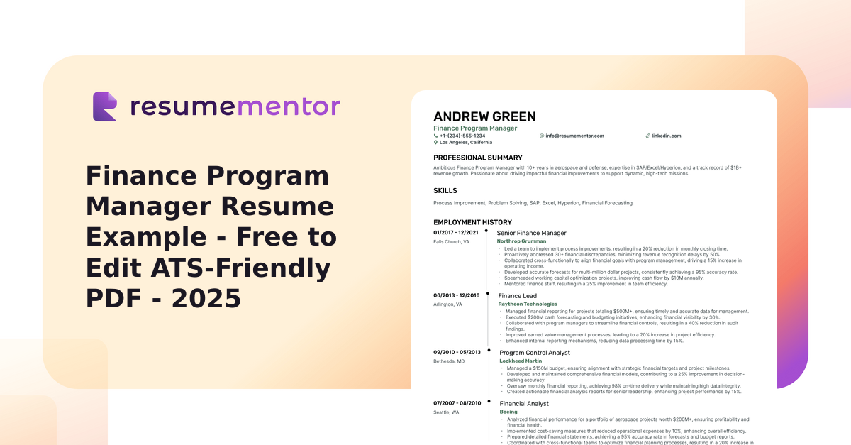 Finance Program Manager Resume Example - Free to Edit ATS-Friendly PDF ...