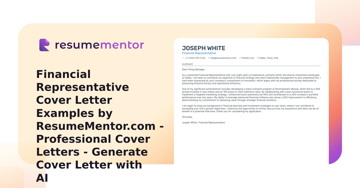 Financial Representative Cover Letter Examples by ResumeMentor.com ...